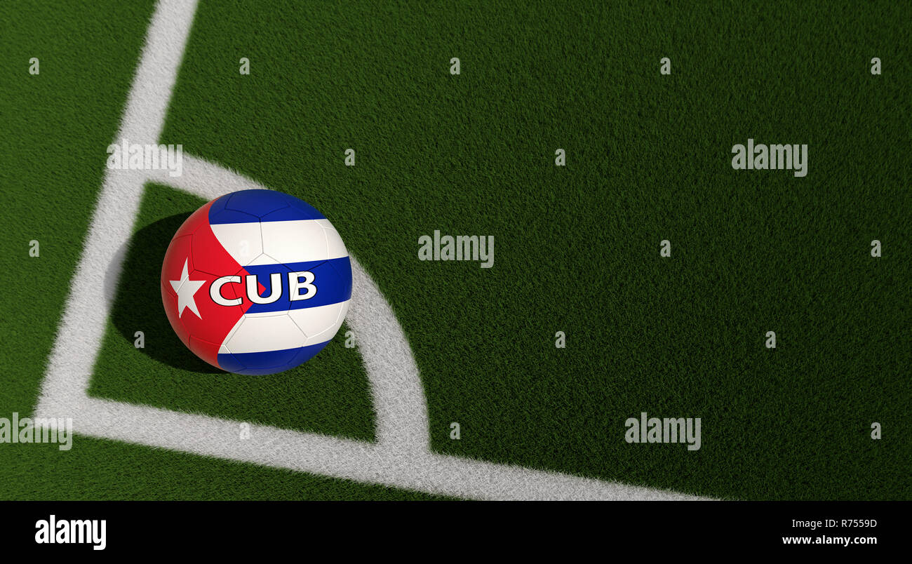 Soccer ball in Cuba national colors on a soccer field. Copy space on ...
