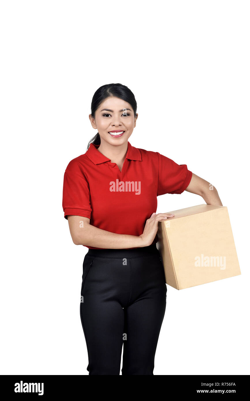 Beautiful asian delivery woman holding cardboard box Stock Photo - Alamy