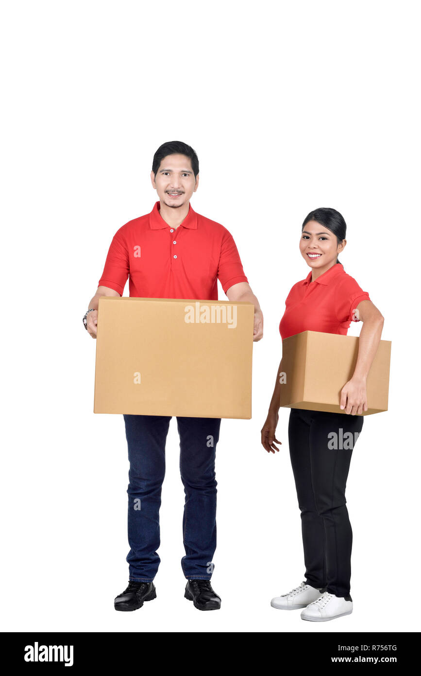 Delivery happy parcel woman man package parcel deliver Cut Out Stock ...