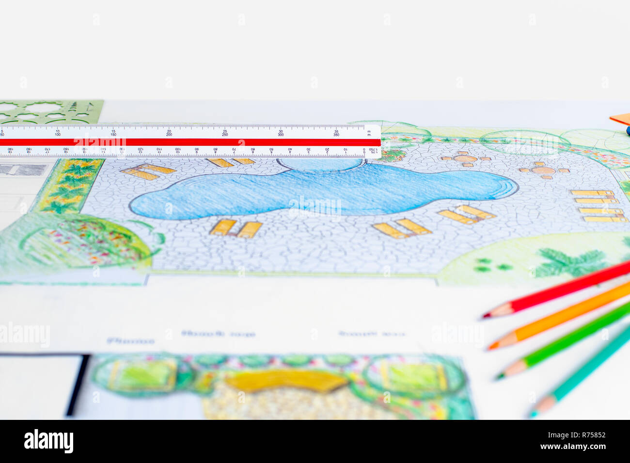 Landscape architect design backyard pool plan for resort Stock Photo ...