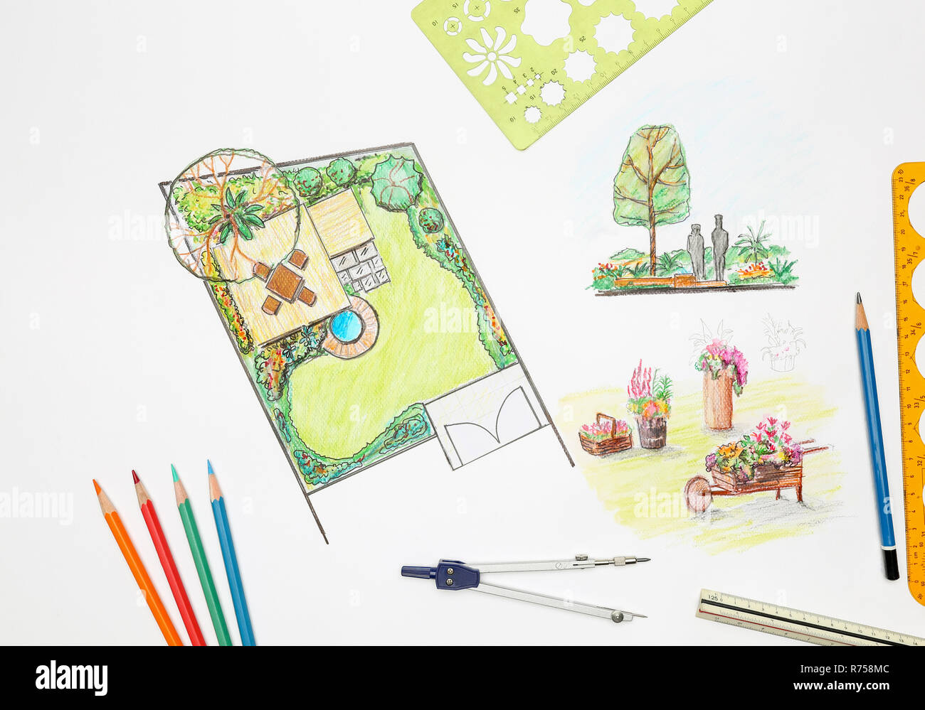 Landscape architect design for a small backyard plan in town Stock ...