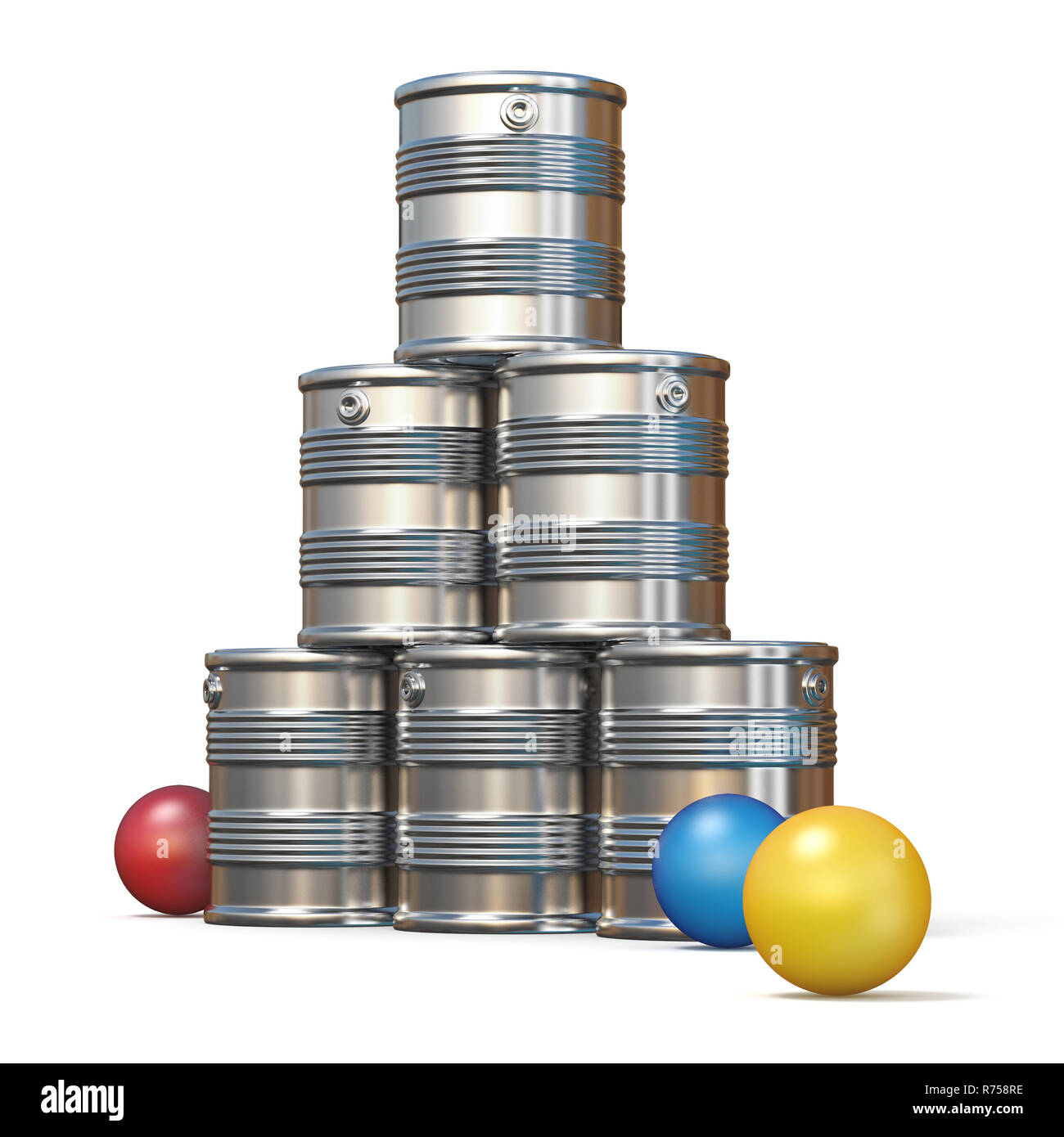 Tin cans and three balls 3D rendering illustration on white background ...
