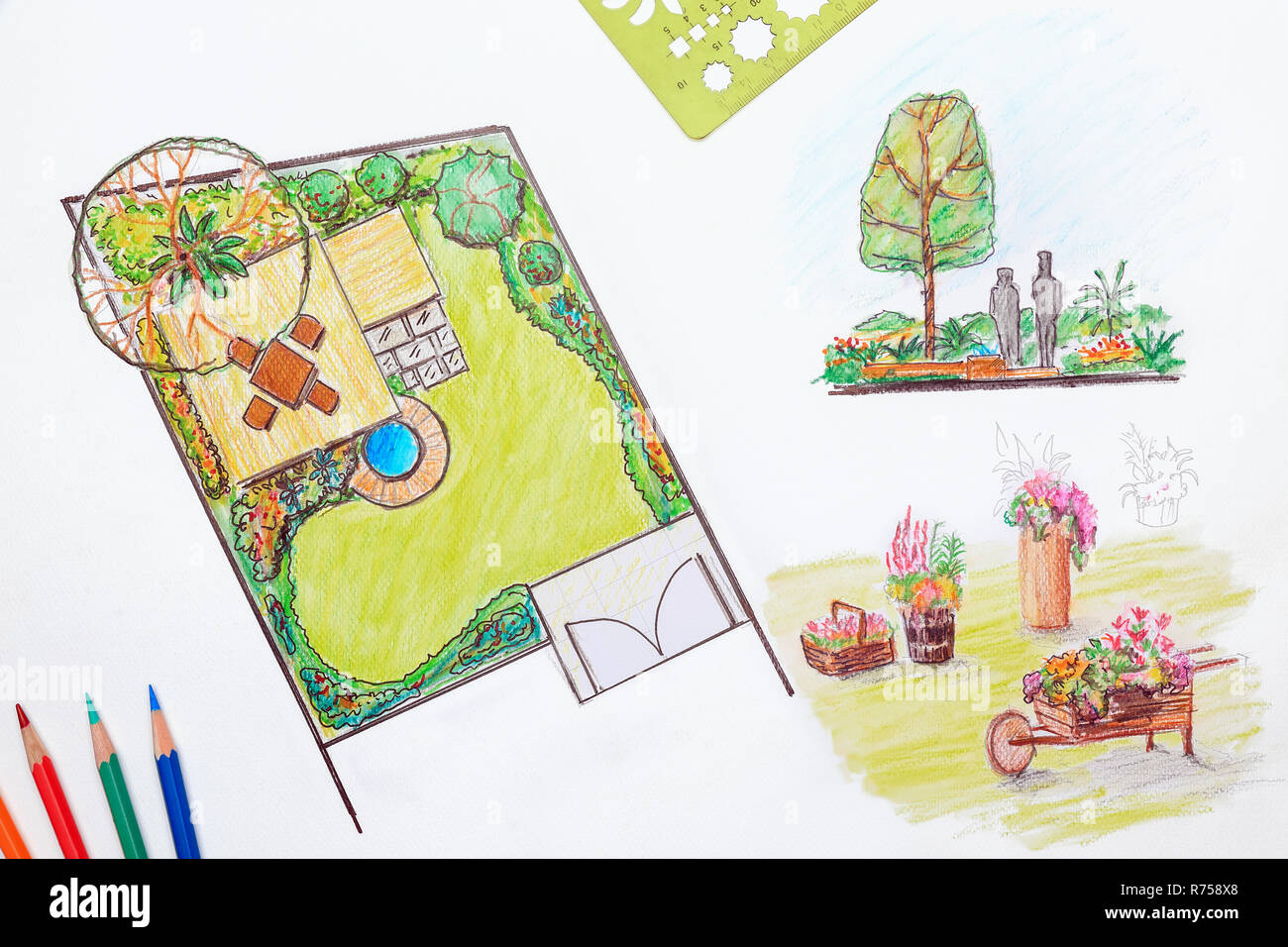 Landscape architect design for a small backyard plan in town Stock ...