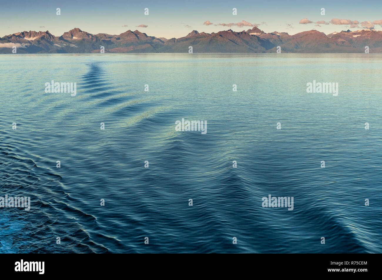 Ship bow wave ripples, Port side, in the quiet light of dawn with ...