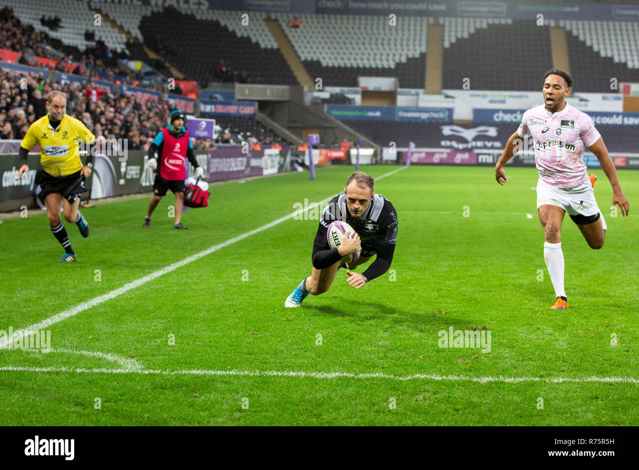 Ospreys centre Cory Allen crosses for his second try in the Heineken ...