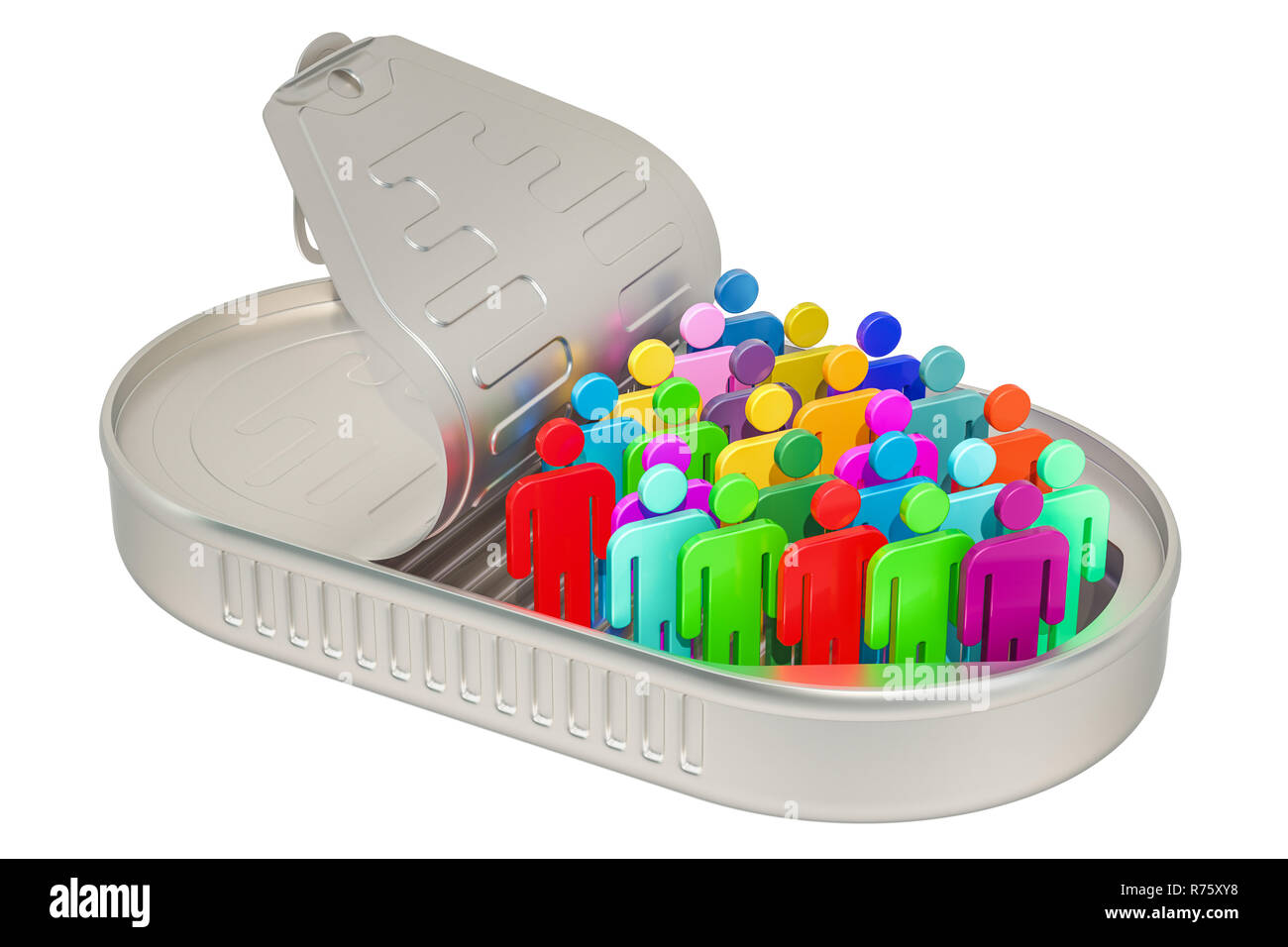 Tin can with people inside, like sardine in a can concept. 3D rendering ...