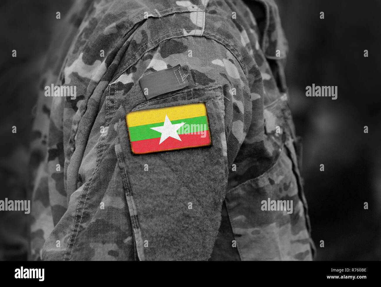 Myanmar and also known as Burma flag on soldiers arm (collage Stock ...