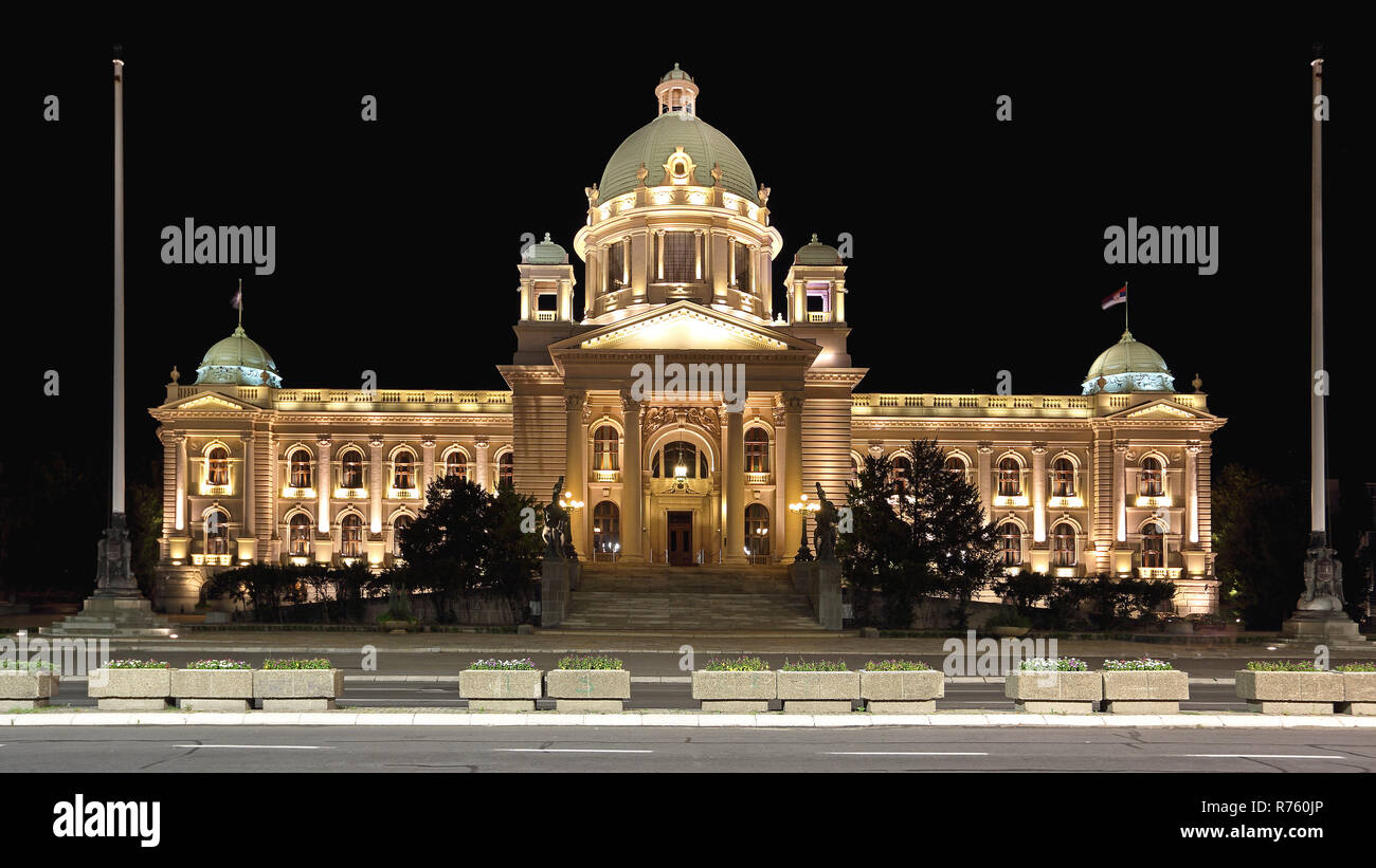 Serbian Parliament Night Stock Photo - Alamy