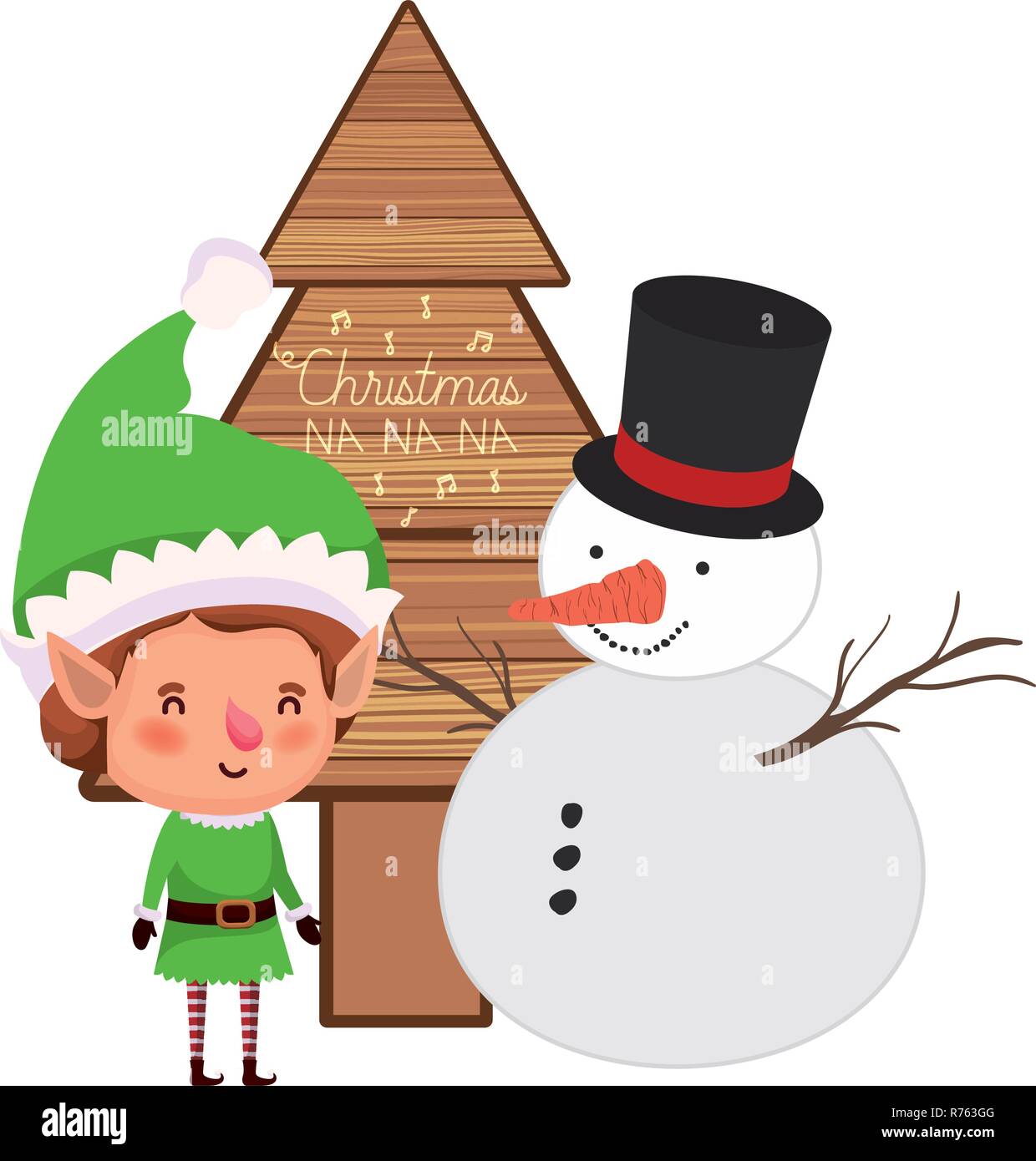 elf with snowman and christmas tree Stock Vector Image & Art - Alamy