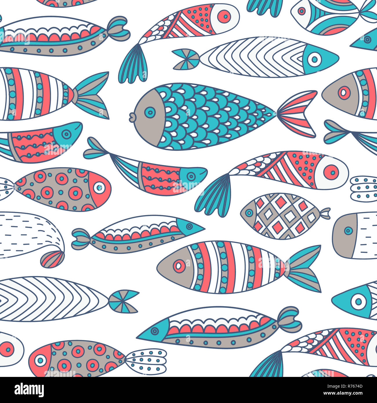 Seamless pattern with fishes. Hand drawn undersea world. Colorful ...