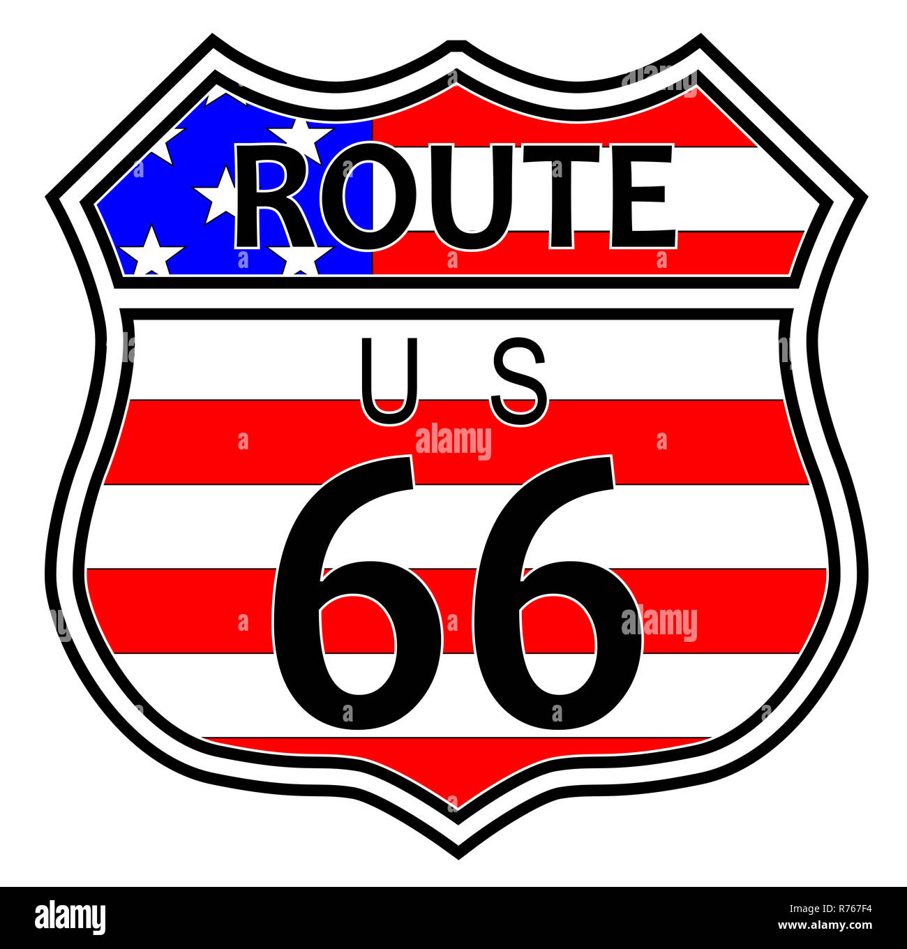 Route 66 Highway Sign With Flag Stock Photo - Alamy