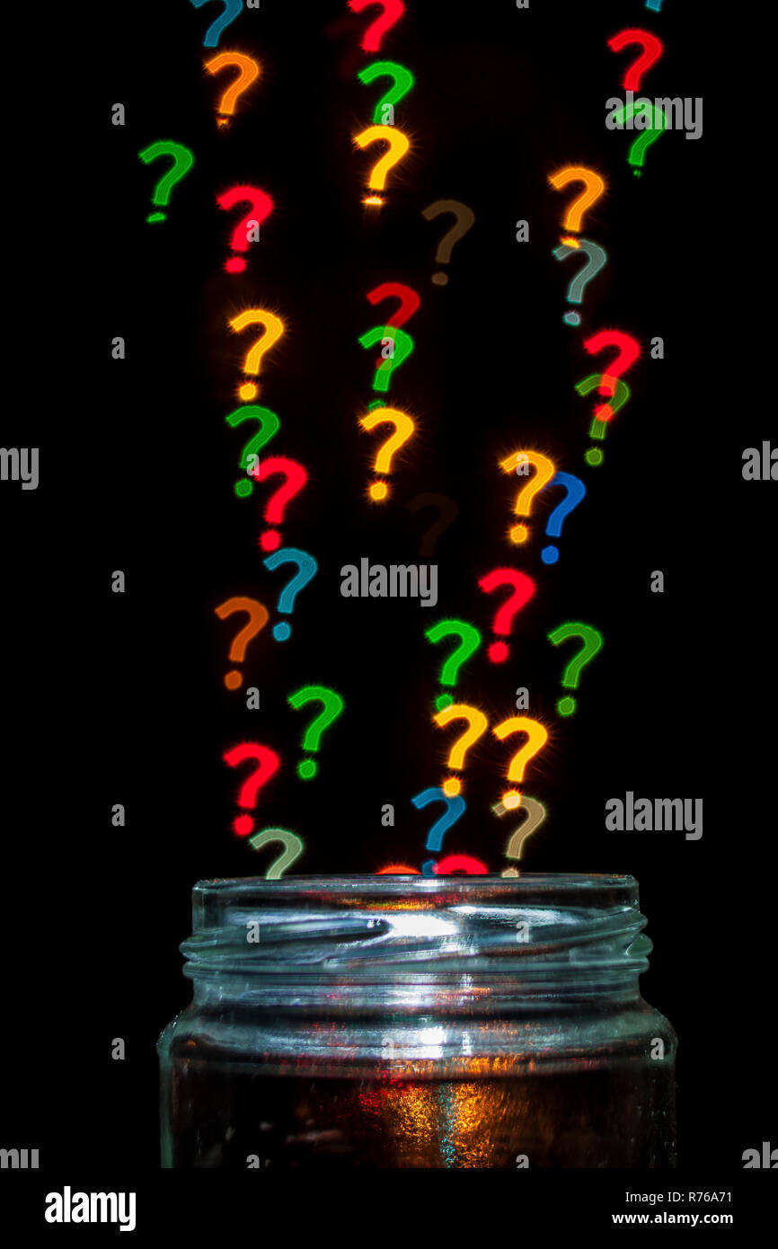 Question marks with different colors coming out of a jar. Isolated on ...