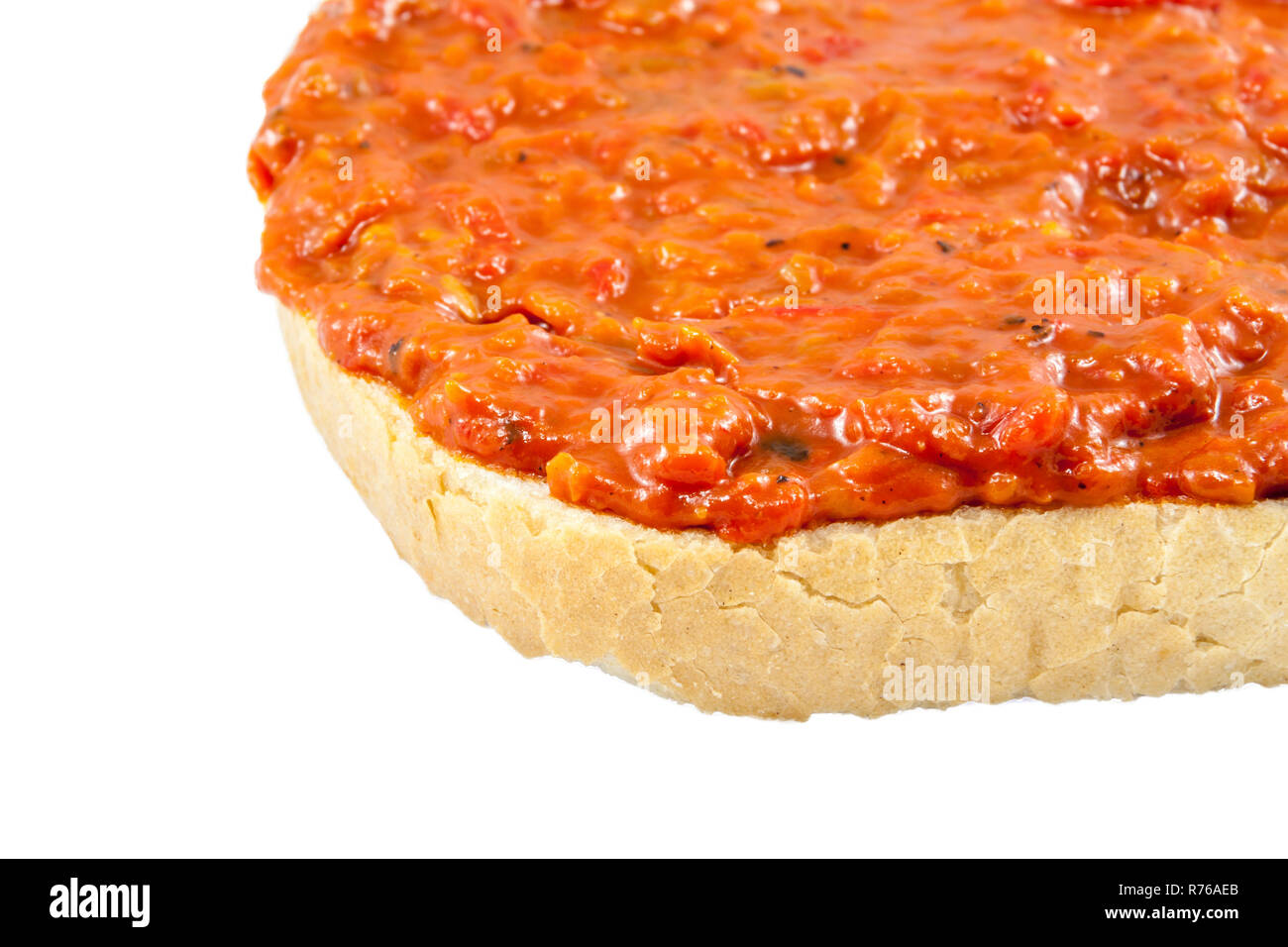 Traditional Bulgarian relish called Lutenica. Spread on a slice of ...
