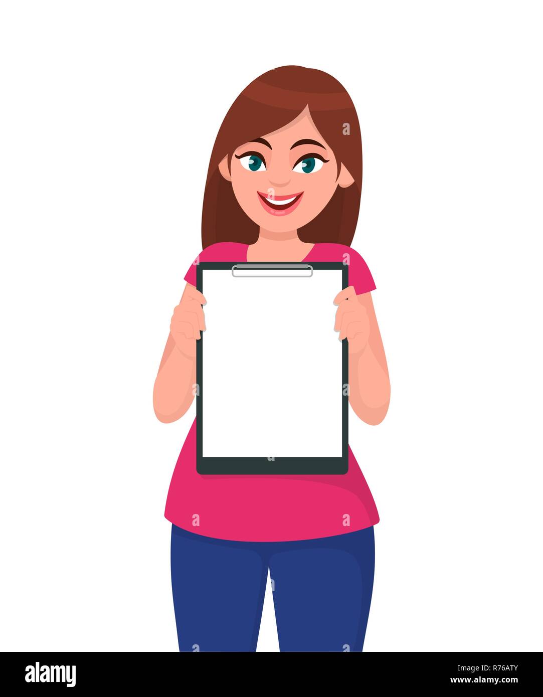 Happy smiling beautiful young woman holding / showing a blank clipboard ...