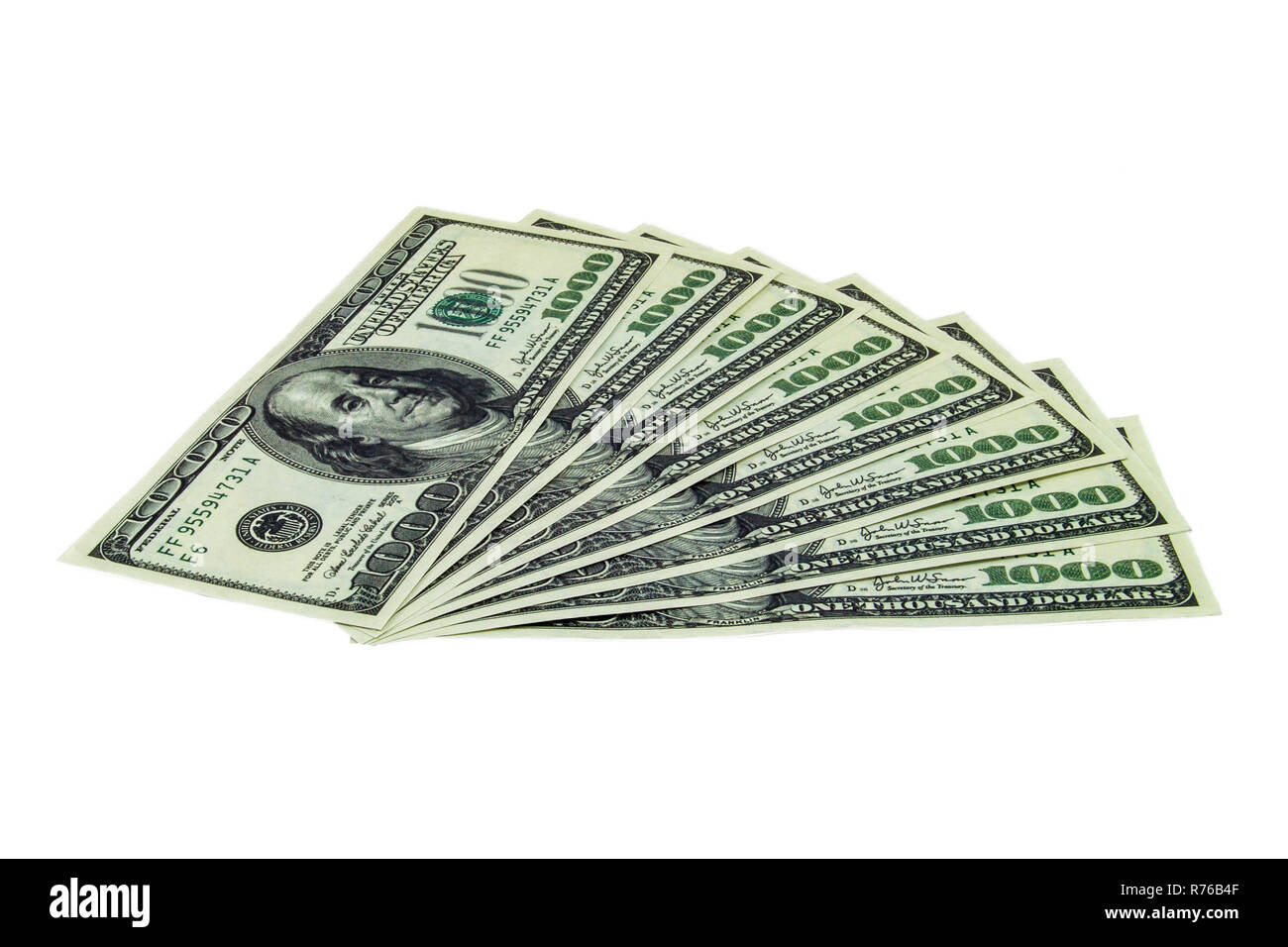 One thousand dollar bills aranged as fan on a white background Stock ...