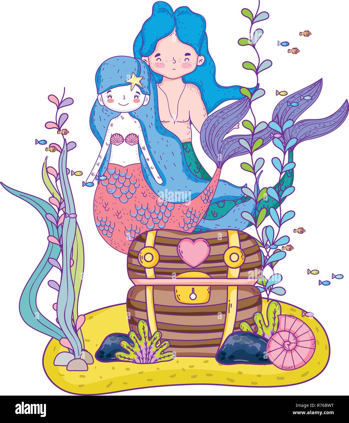couple mermaids with treasure chest undersea Stock Vector Image & Art ...