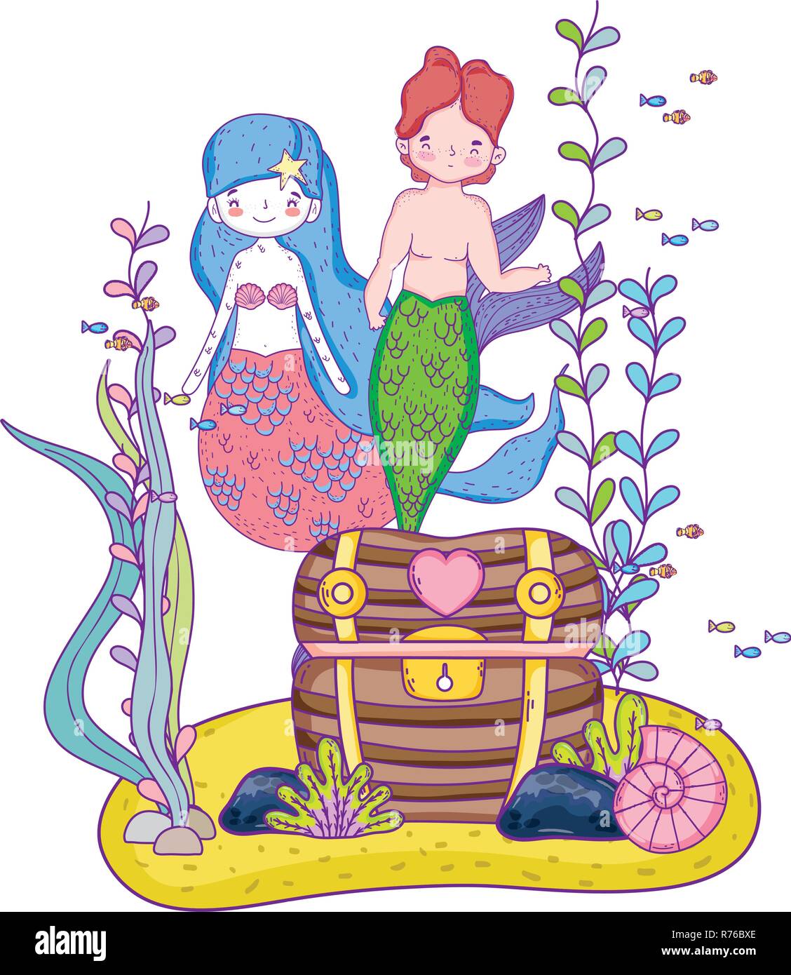 couple mermaids with treasure chest undersea Stock Vector Image & Art ...