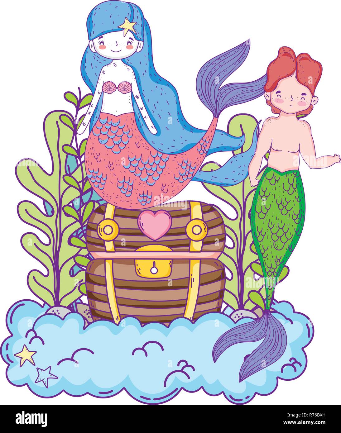 couple mermaids with treasure chest undersea Stock Vector Image & Art ...