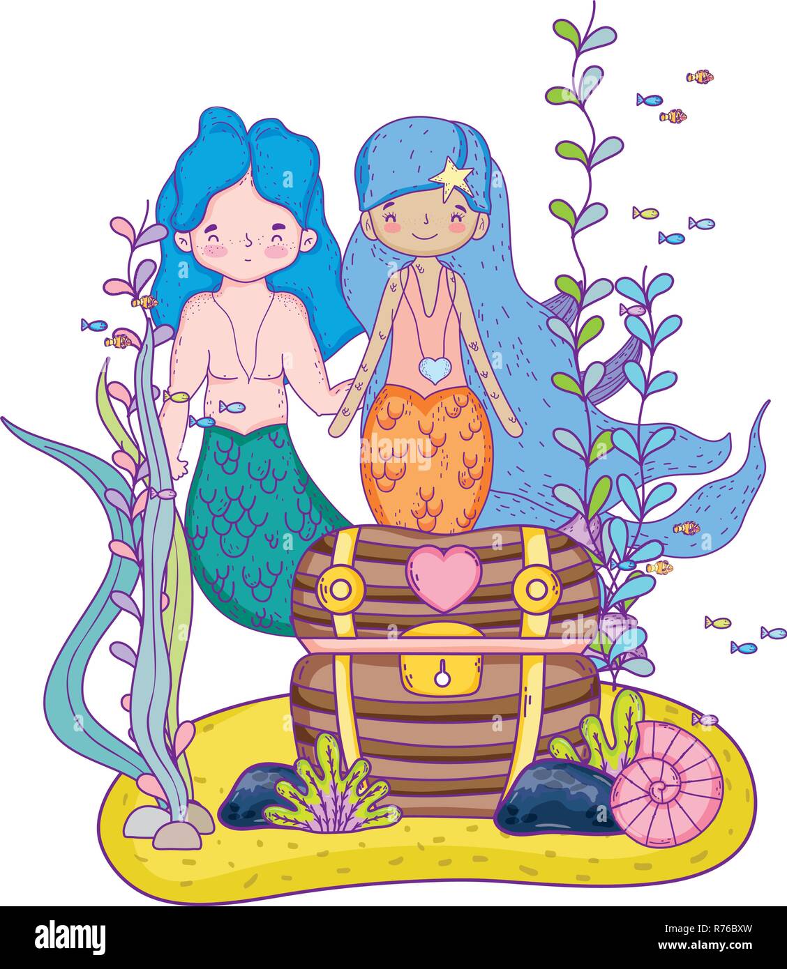 couple mermaids with treasure chest undersea Stock Vector Image & Art ...