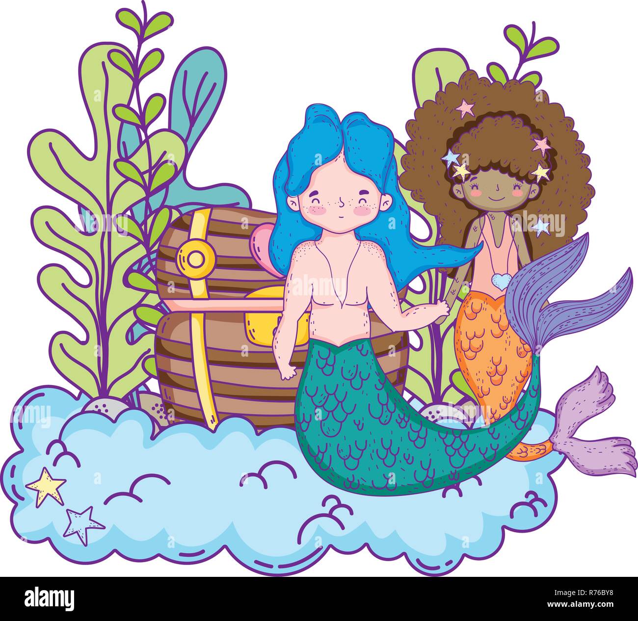 couple mermaids with treasure chest undersea Stock Vector Image & Art ...