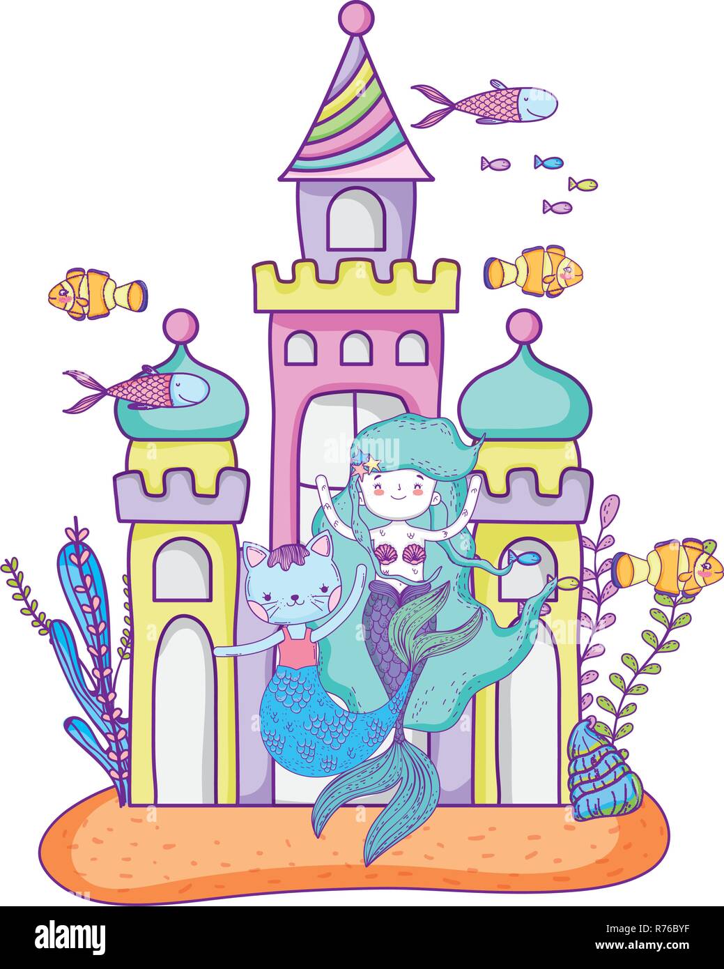 cute purrmaid and mermaid with castle Stock Vector Image & Art - Alamy