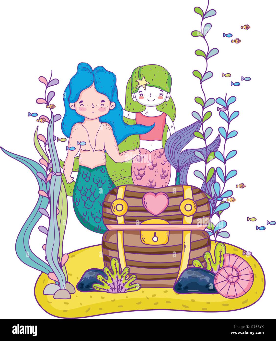 couple mermaids with treasure chest undersea Stock Vector Image & Art ...