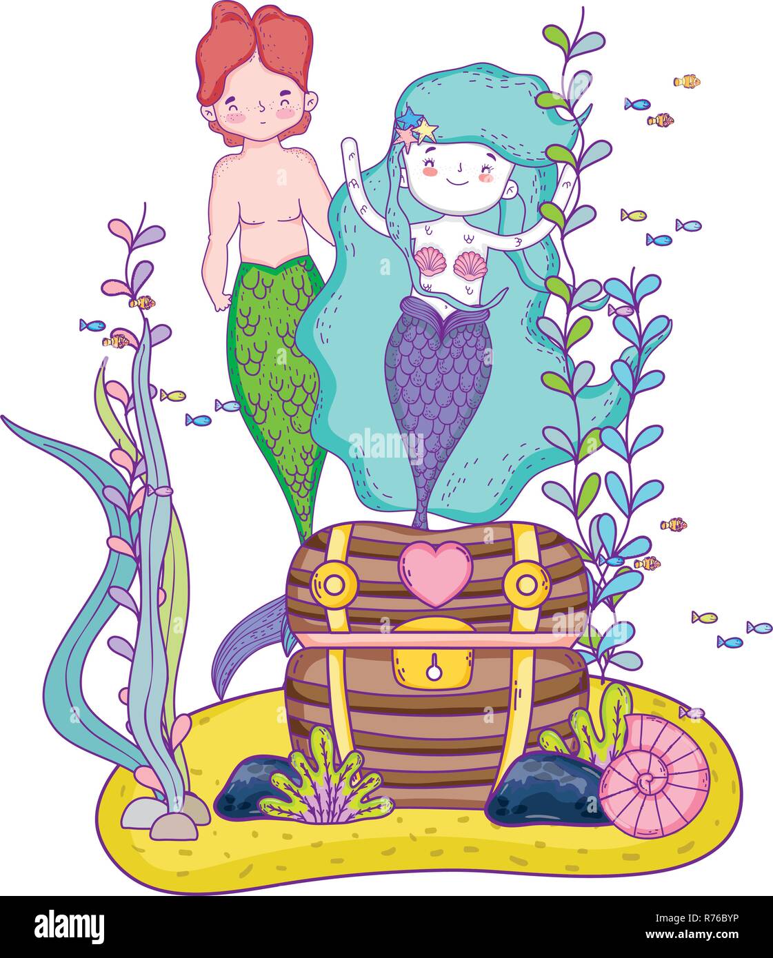 couple mermaids with treasure chest undersea Stock Vector Image & Art ...