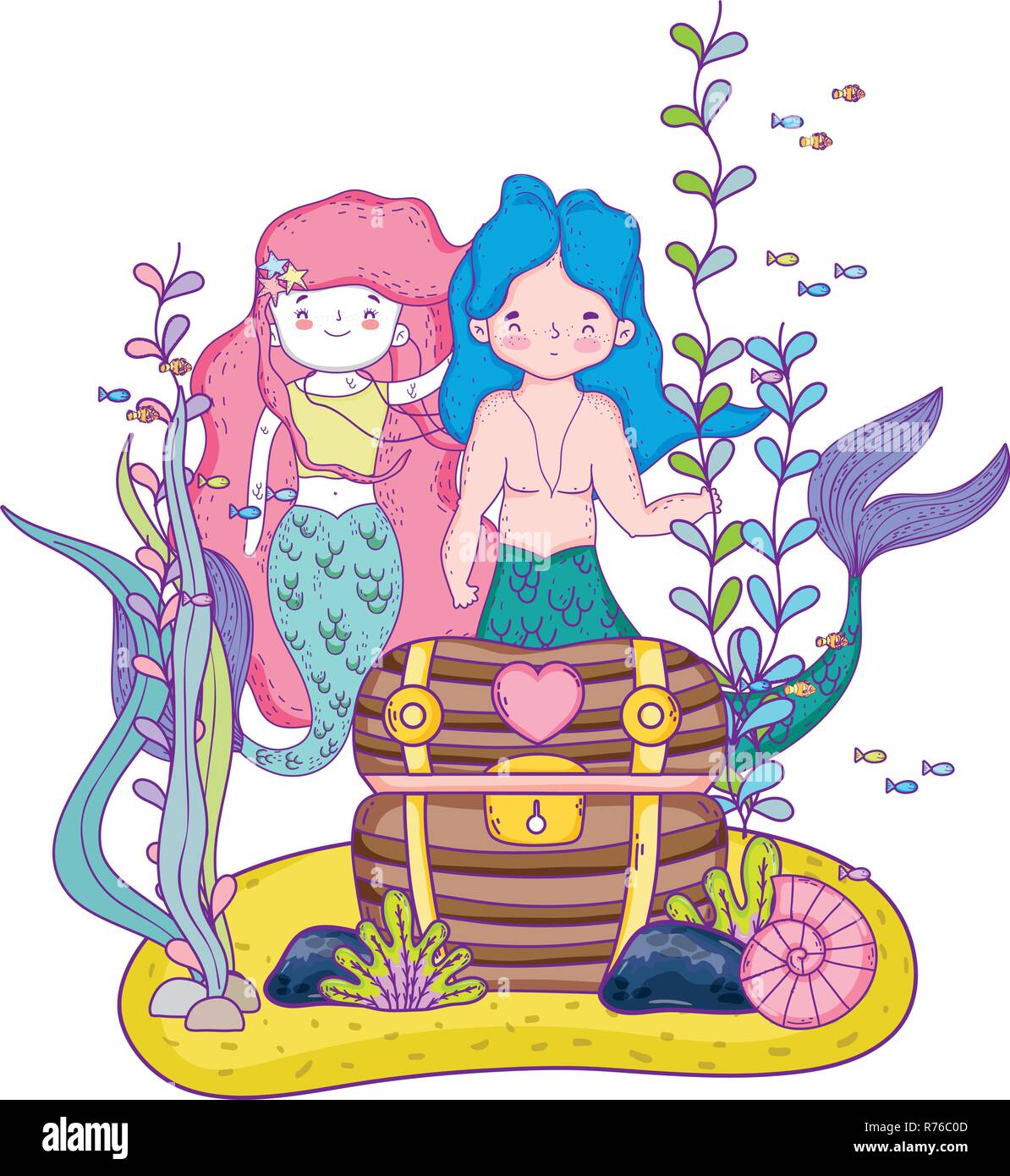 couple mermaids with treasure chest undersea Stock Vector Image & Art ...