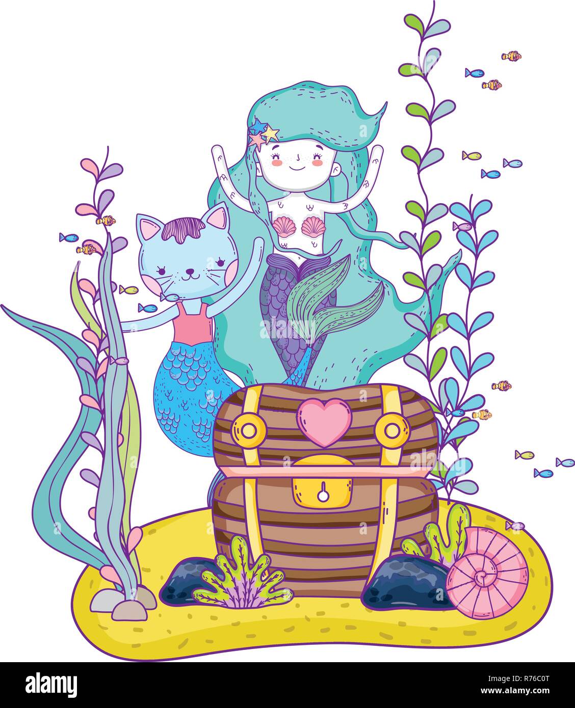 cute purrmaid and mermaid with treasure chest Stock Vector Image & Art ...
