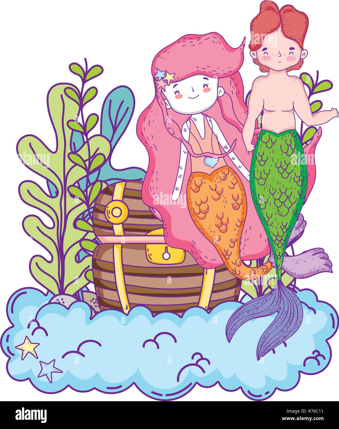couple mermaids with treasure chest undersea Stock Vector Image & Art ...
