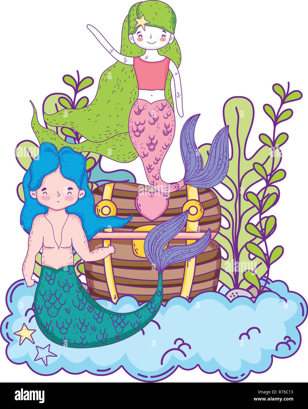 couple mermaids with treasure chest undersea Stock Vector Image & Art ...