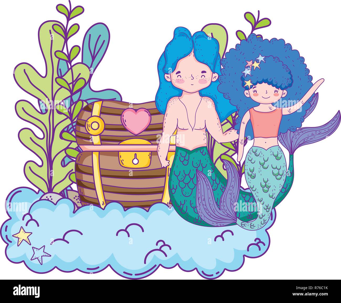 couple mermaids with treasure chest undersea Stock Vector Image & Art ...