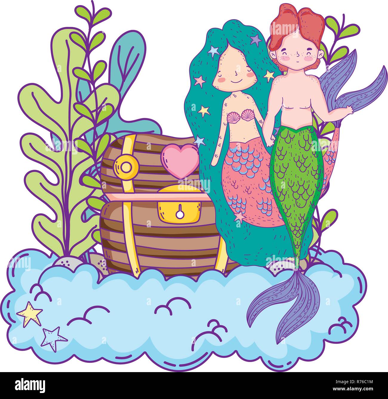 couple mermaids with treasure chest undersea Stock Vector Image & Art ...