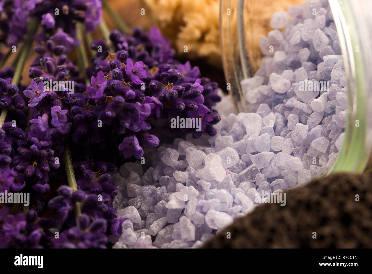 lavender bath salt and some fresh lavender Stock Photo - Alamy