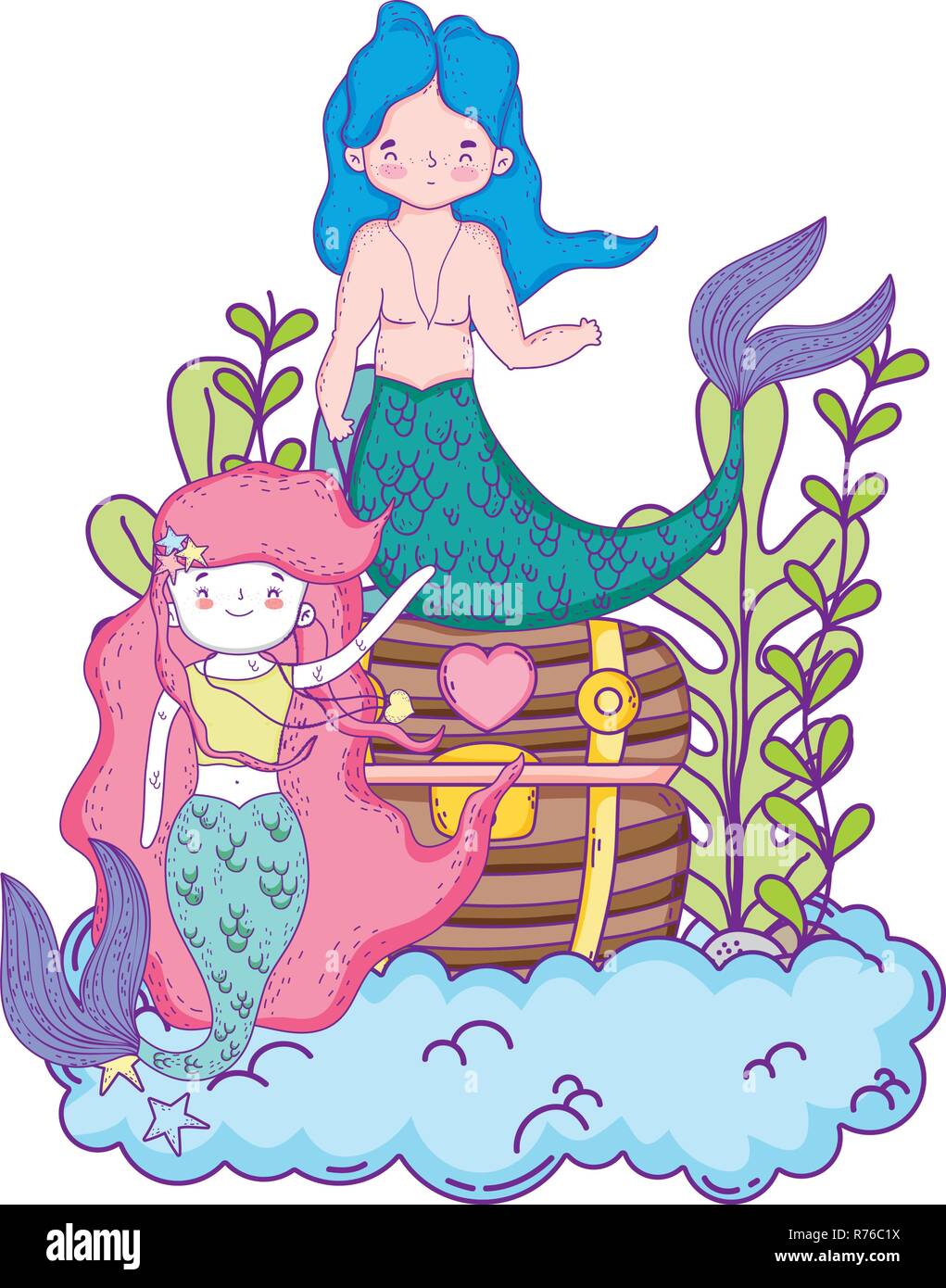 couple mermaids with treasure chest undersea Stock Vector Image & Art ...