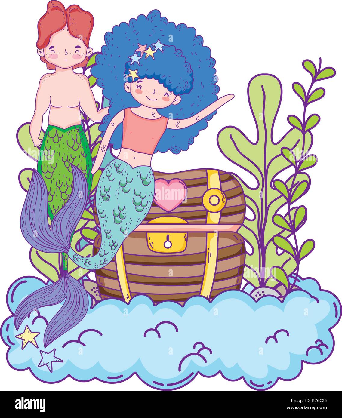 couple mermaids with treasure chest undersea Stock Vector Image & Art ...