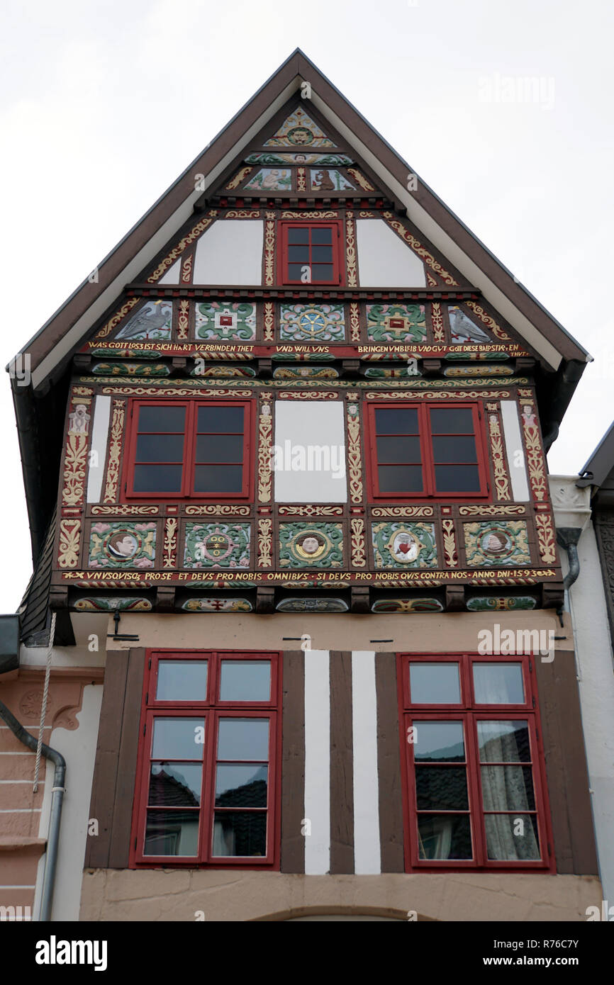 historic half-timbered house with richly ornamented gable Stock Photo ...