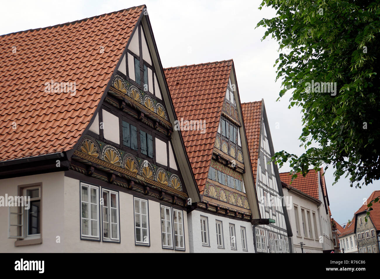 historic half-timbered house with richly ornamented gable Stock Photo ...