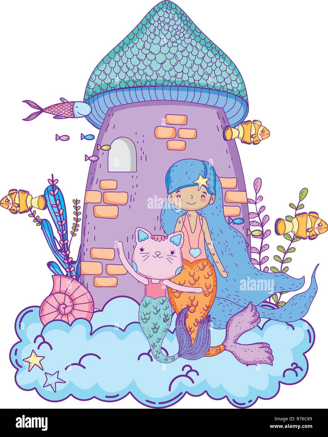 cute purrmaid and mermaid with castle Stock Vector Image & Art - Alamy