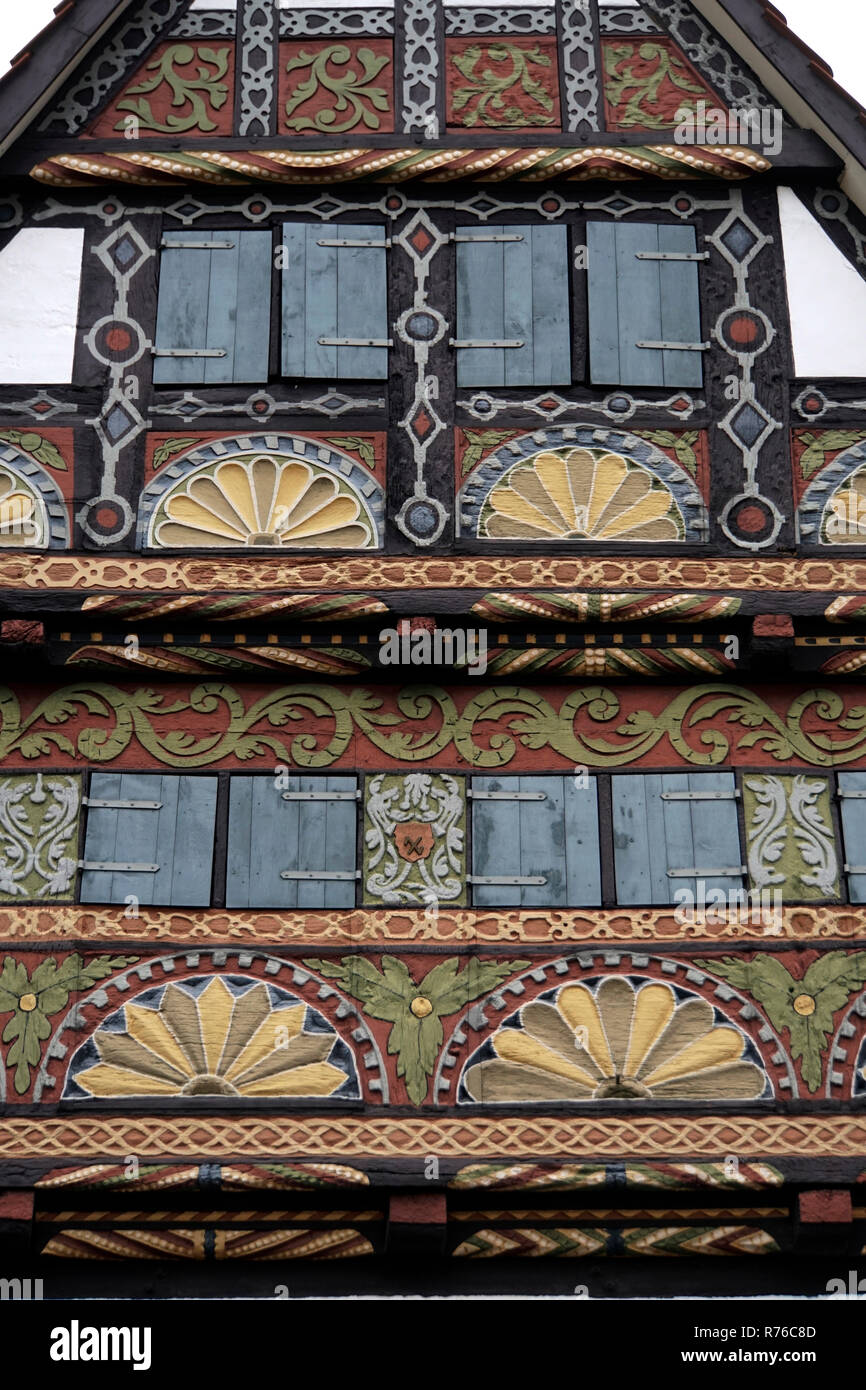 historic half-timbered house with richly ornamented gable Stock Photo ...