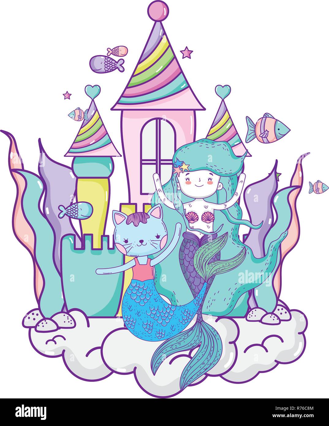 cute purrmaid and mermaid with castle Stock Vector Image & Art - Alamy