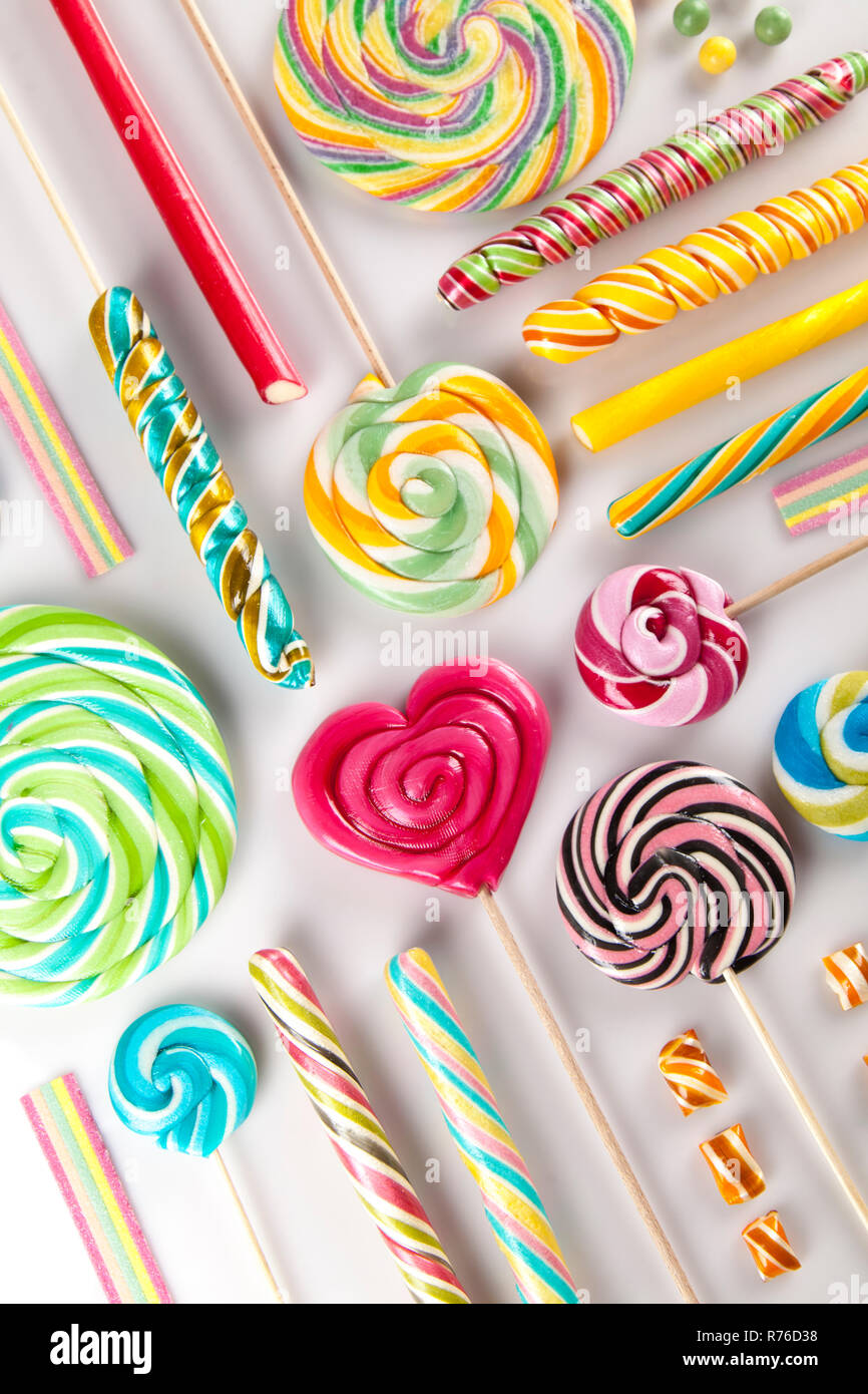 Colorful gum sweet candy and lollipops and gum balls Stock Photo - Alamy