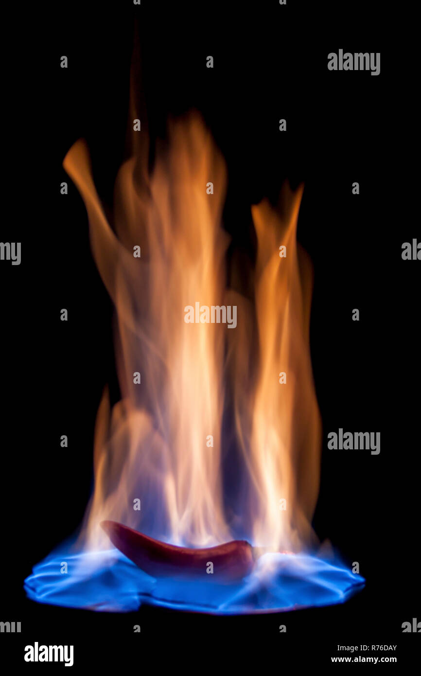 Hot pepper burning in blue flames Stock Photo - Alamy