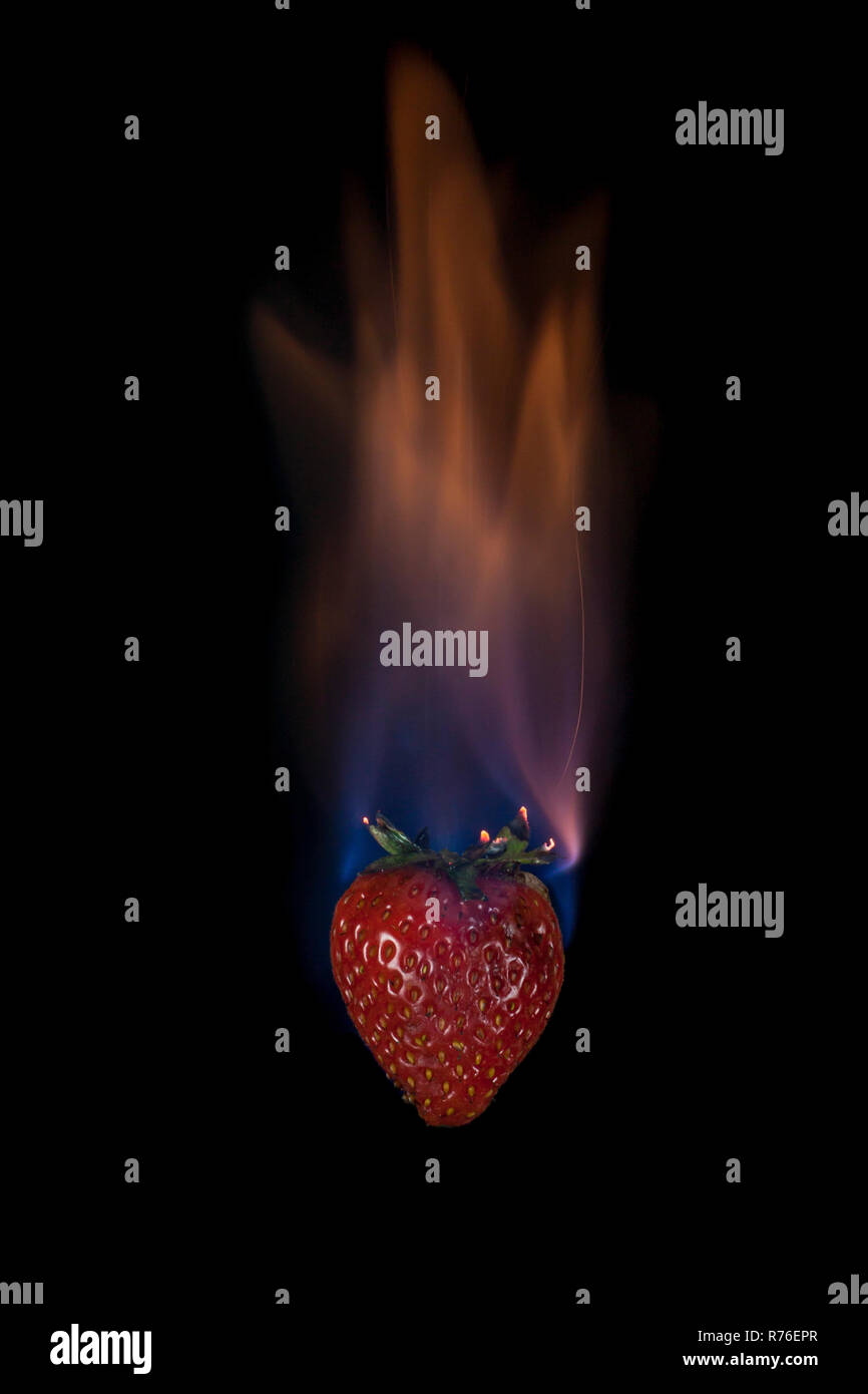 Strawberry on fire with blue flames isolated on black background Stock ...