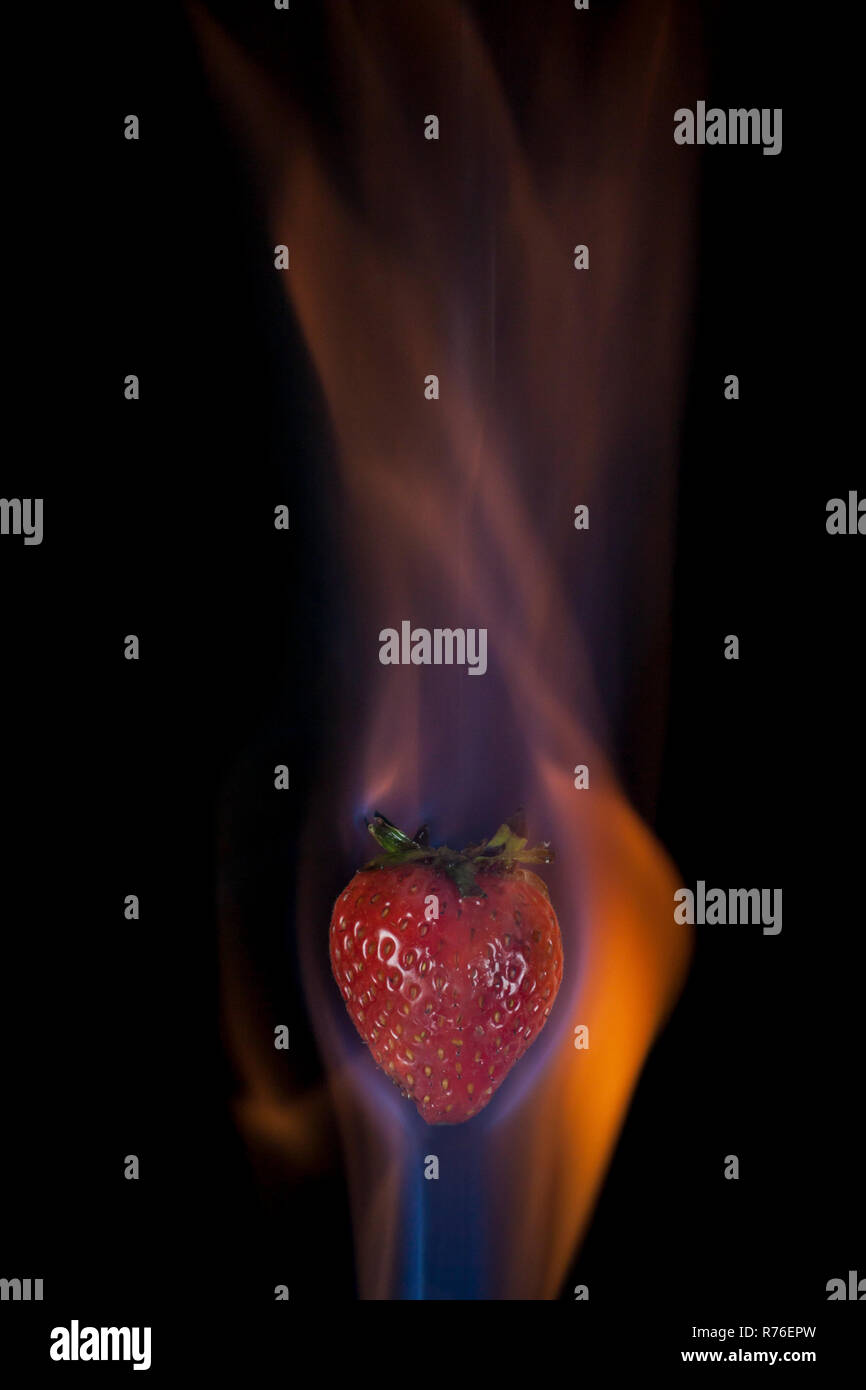 Strawberry on fire with blue flames isolated on black background Stock ...