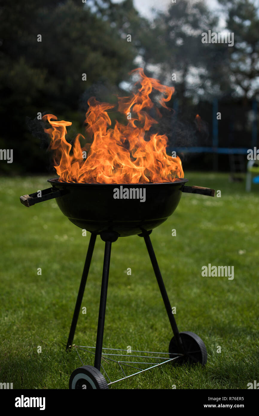Barbecue grill with fire on nature, outdoor, close up Stock Photo - Alamy