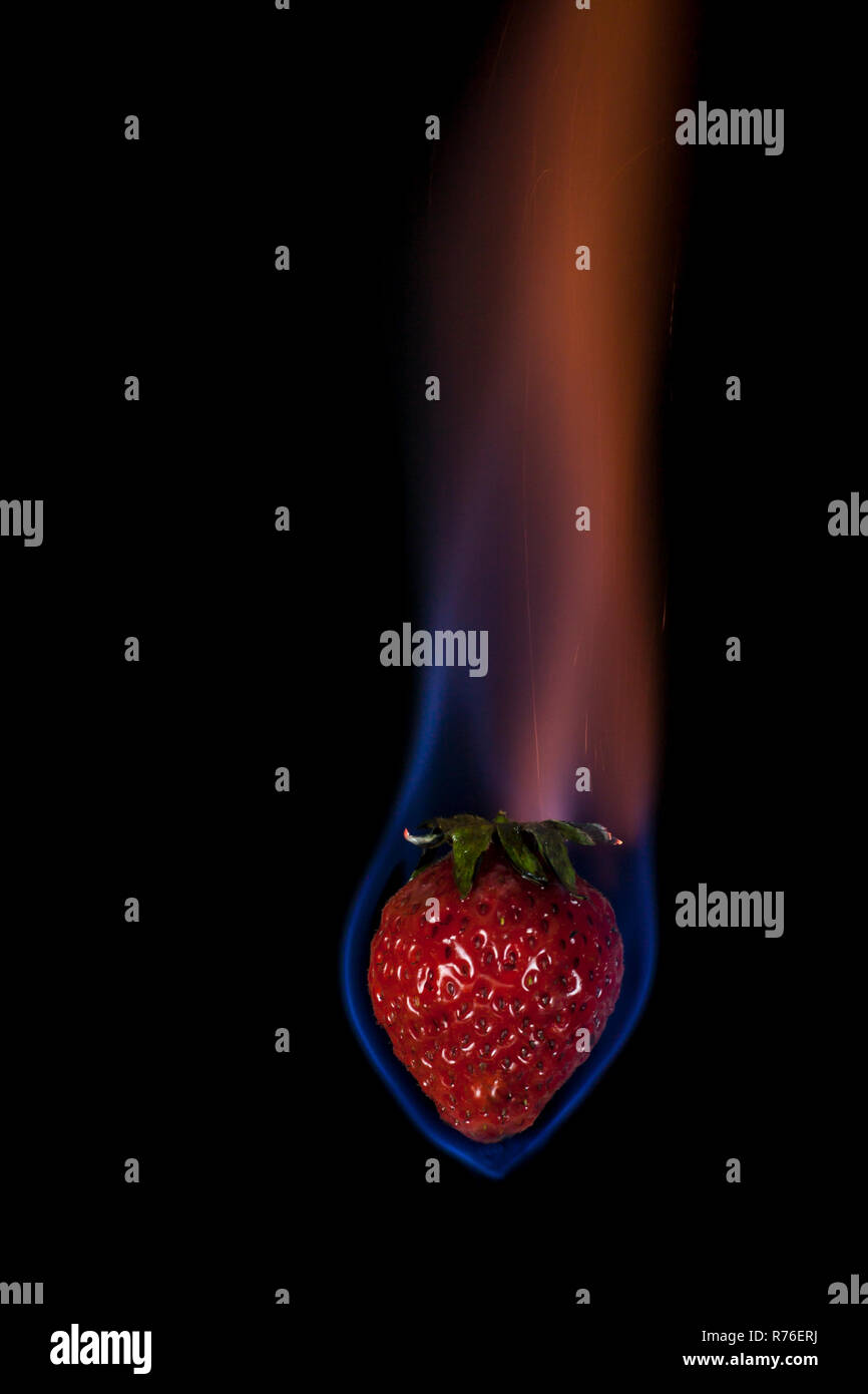 Strawberry on fire with blue flames isolated on black background Stock ...