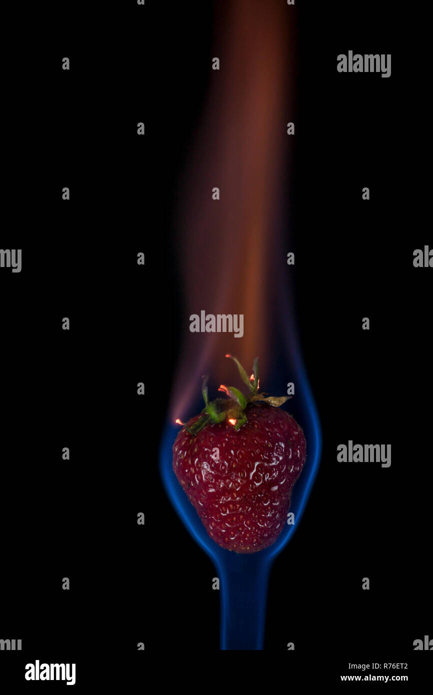 Strawberry on fire with blue flames isolated on black background Stock ...