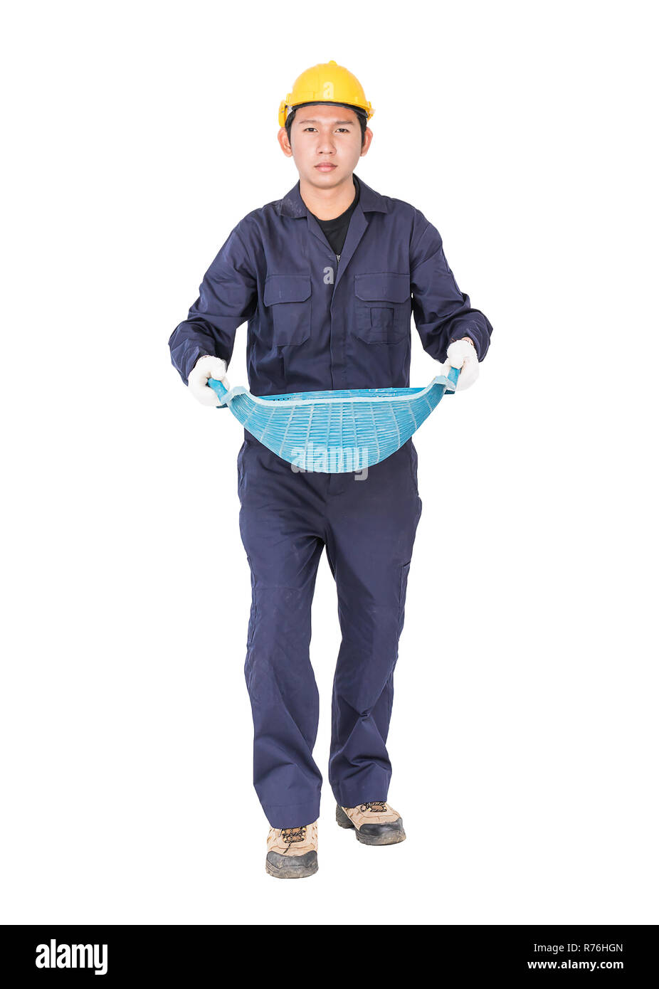 Young worker hold Hod or clam-shell shaped basket Stock Photo - Alamy