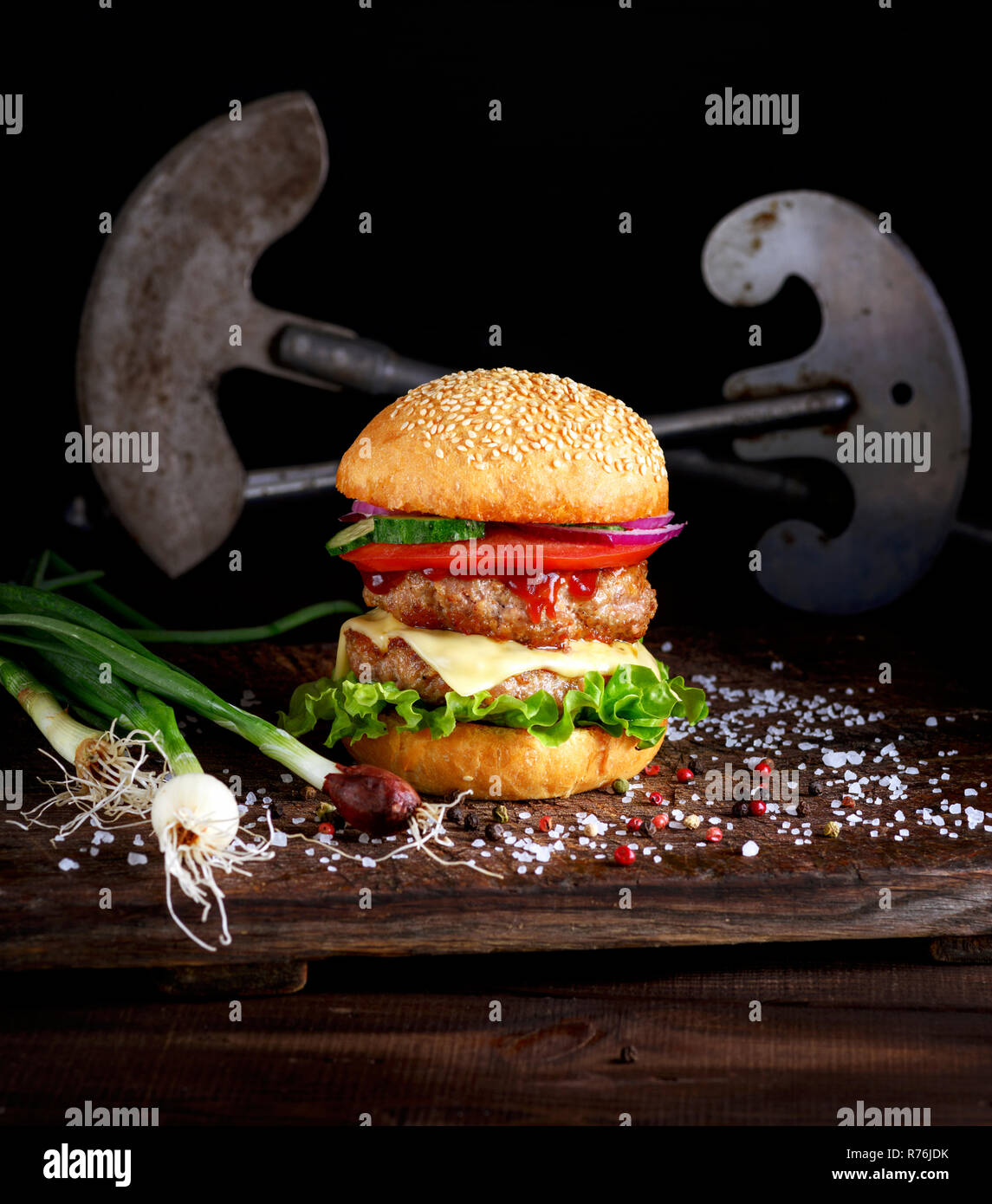double burger with vegetables and cheese Stock Photo - Alamy